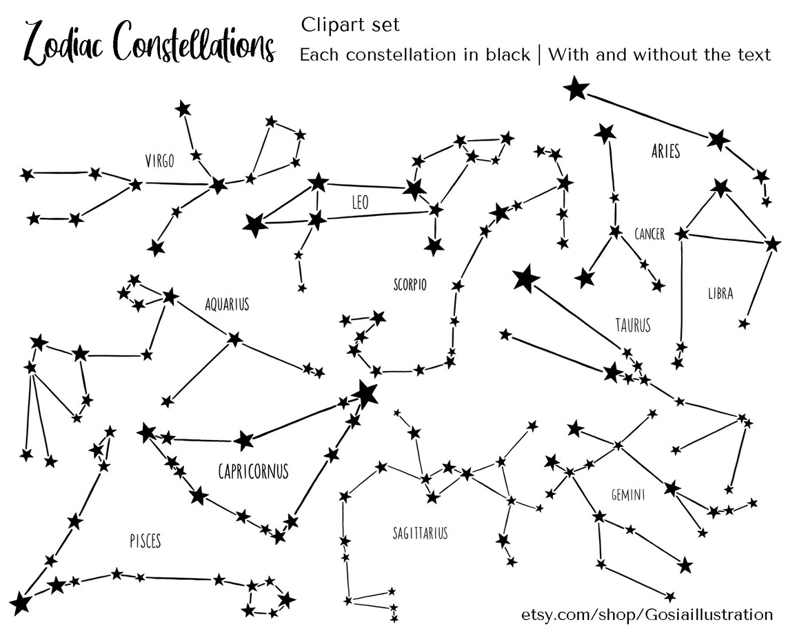 Zodiac Constellations Clipart Set, Star Signs Hand Drawn Cliparts ...