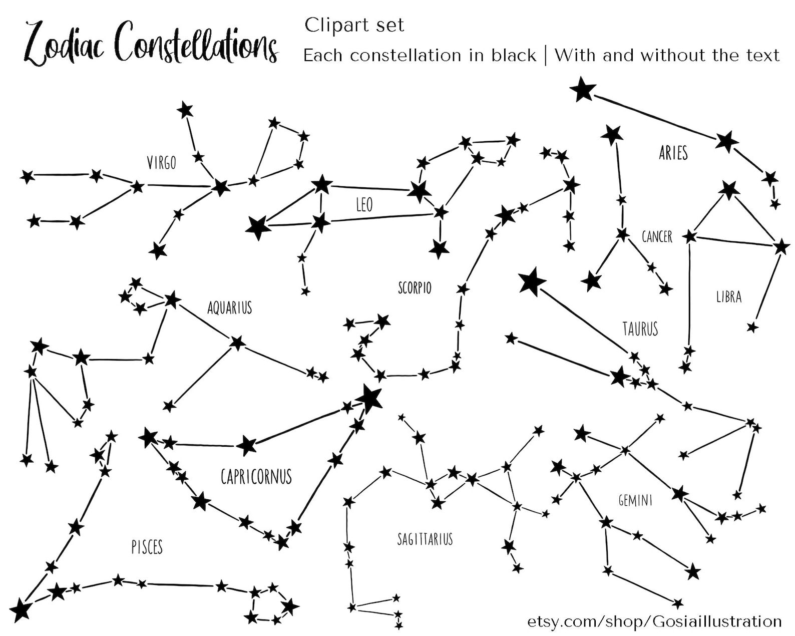Zodiac Constellations Clipart Set, Star Signs Hand Drawn Cliparts ...