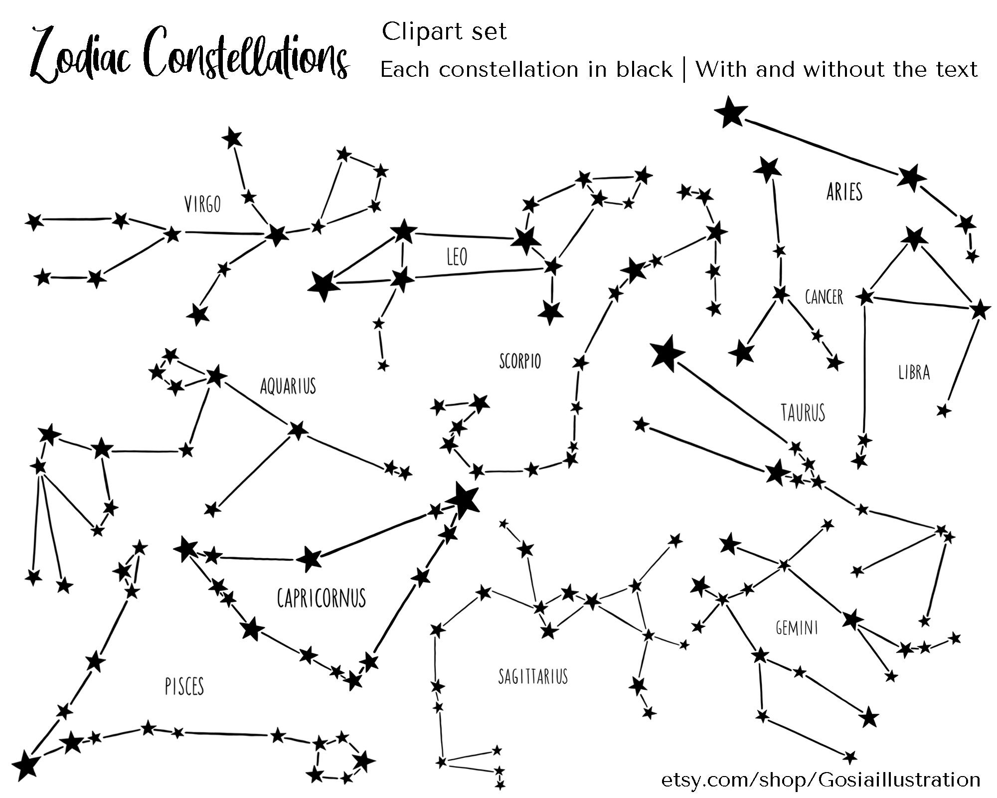 Zodiac Constellations clipart set, Star Signs hand drawn cliparts ...