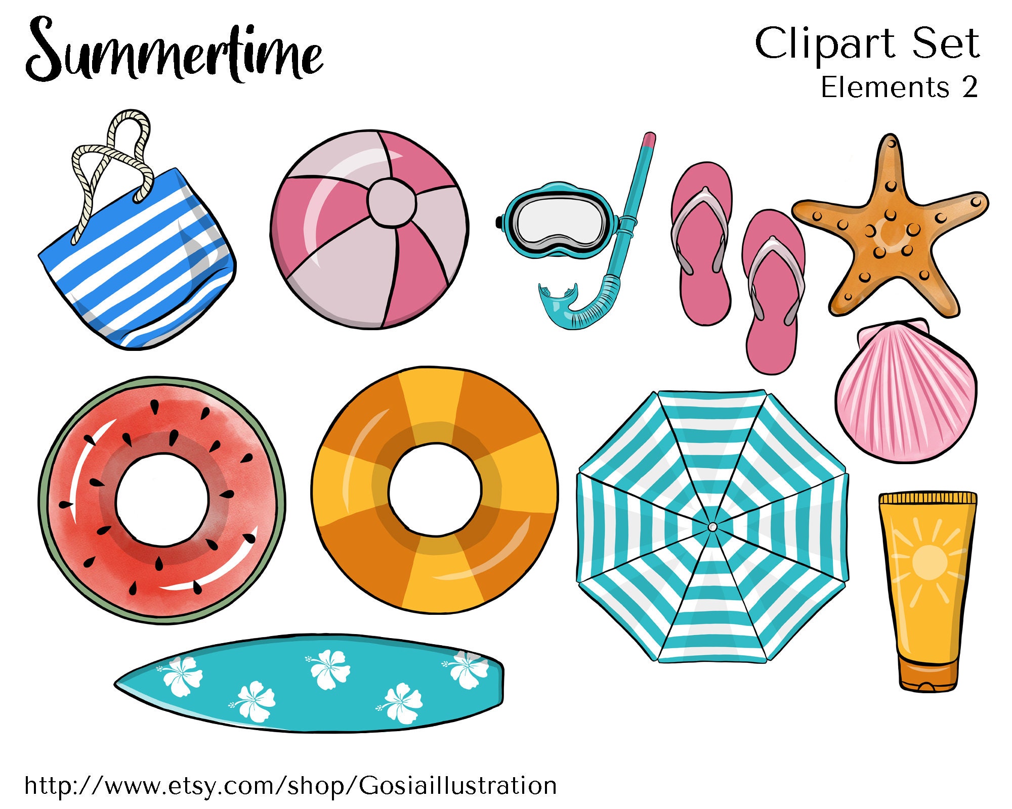 Summer Clipart, Beach Clipart, Summertime Handdrawn Cliparts, Tropical ...
