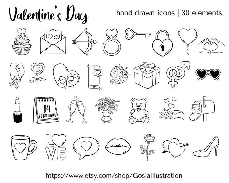 Valentine's Day Hand Drawn Icons, Doodle Icons, Love Symbols, Heart ...