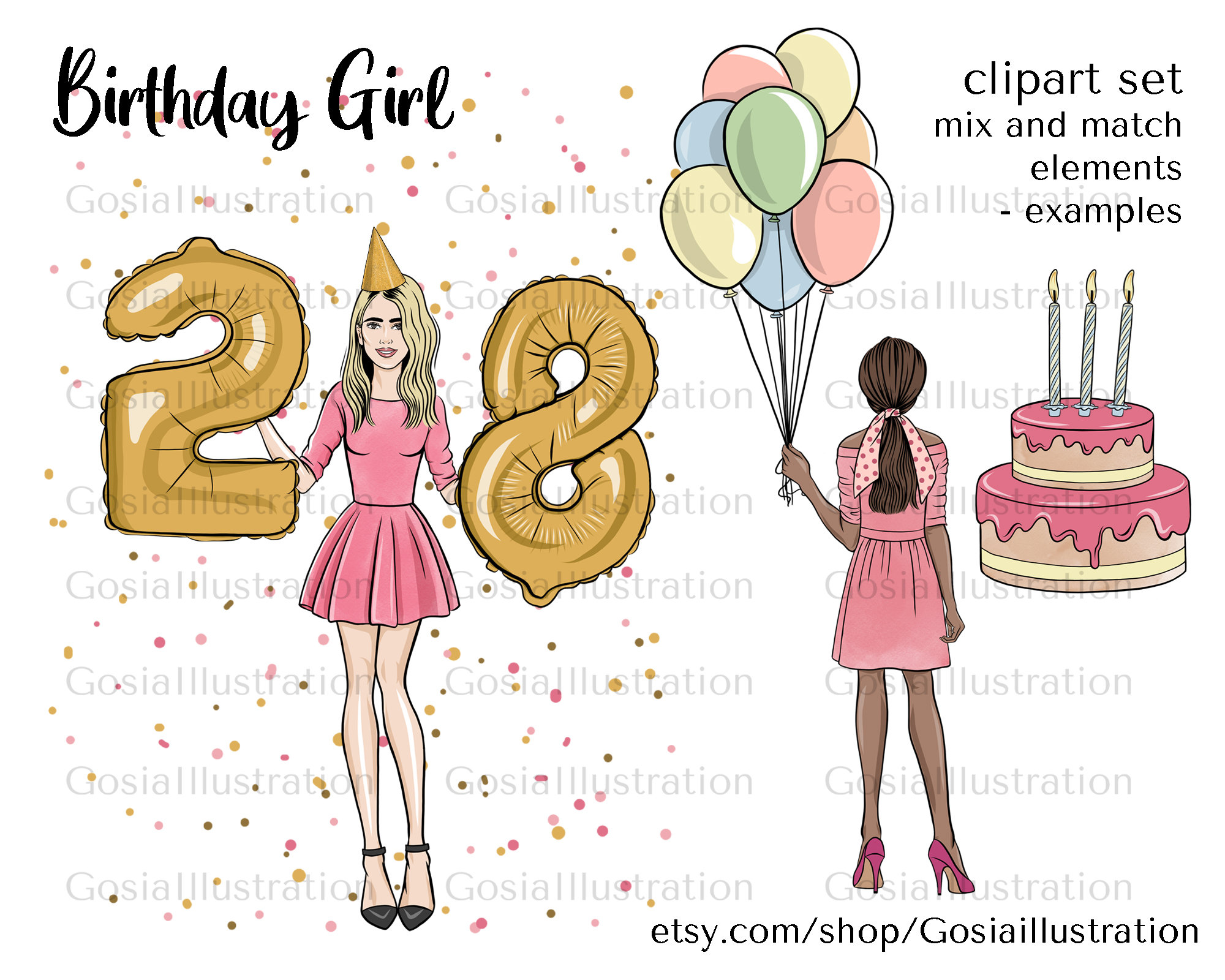Birthday Girl - Clipart Set, Glam Birthday Party, Pastel, Romantic Girl ...