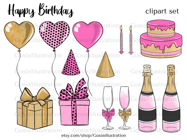 Happy Birthday - Clipart Set, Glam Birthday Party, Pastel, Romantic ...