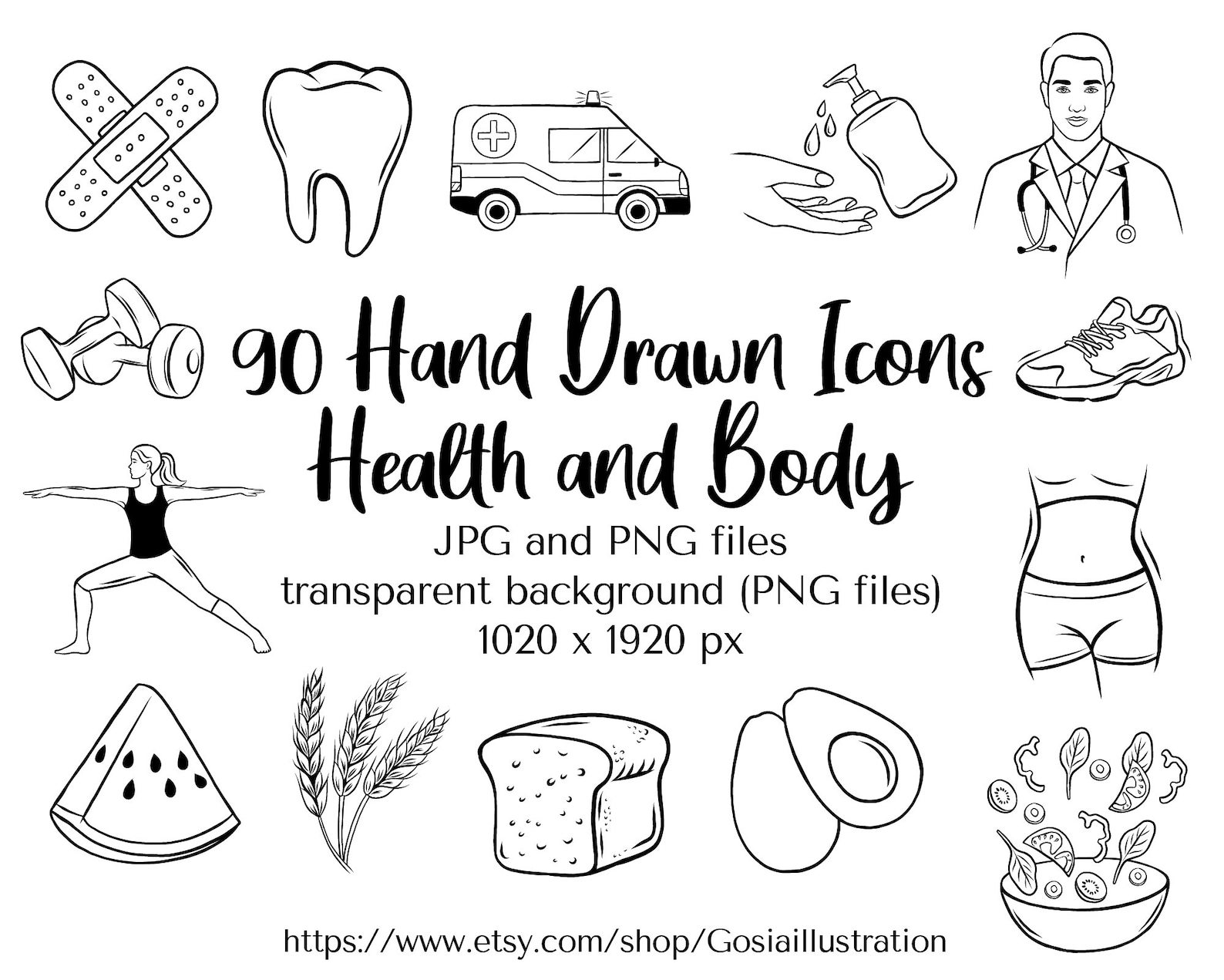 90 Health and Body Icons, Medical, Healthy Food, Sport Hand Drawn Icons ...