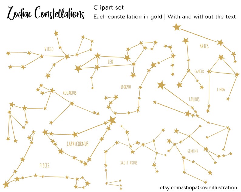 Zodiac Constellations clipart set, Star Signs hand drawn cliparts ...