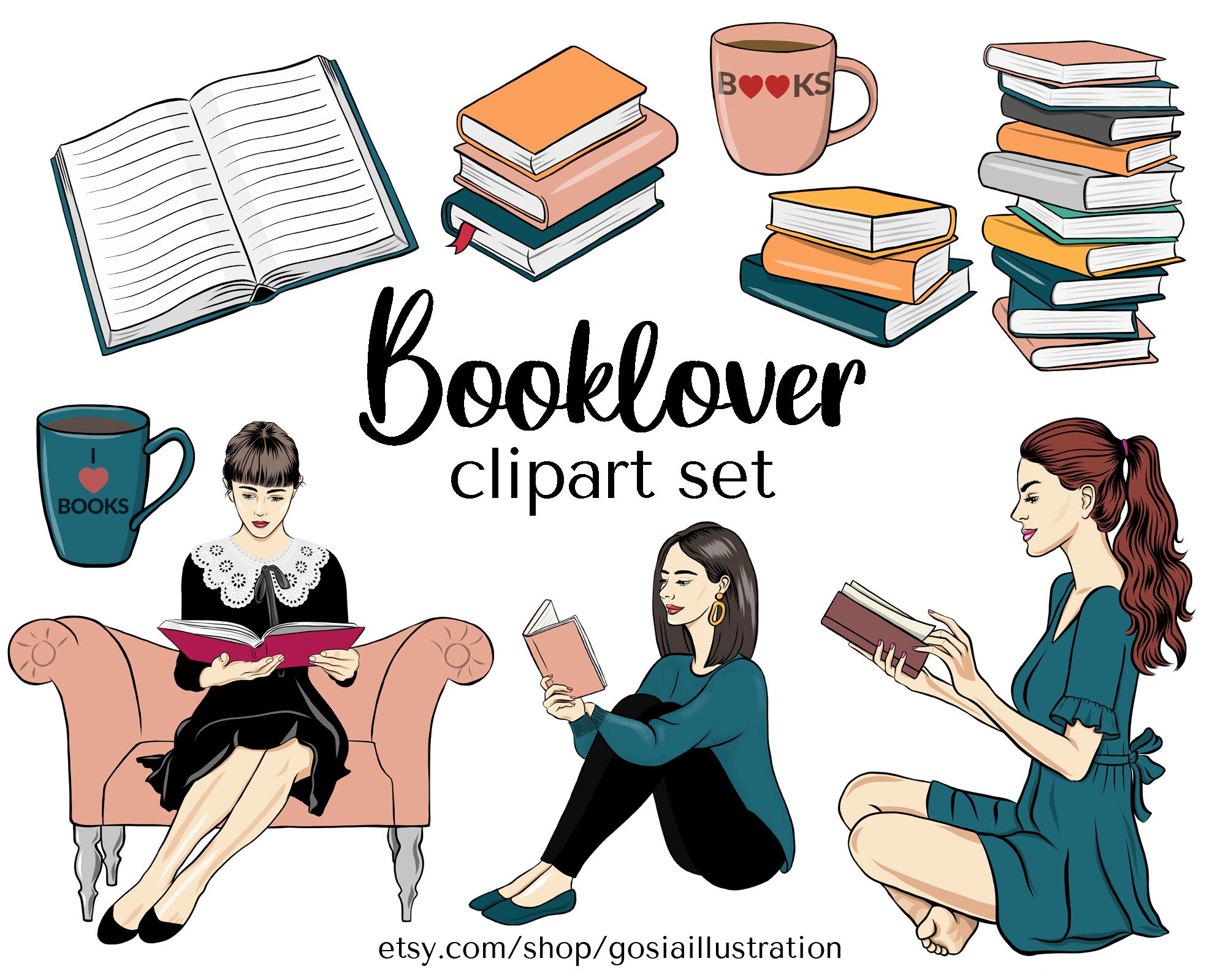 Booklover Clipart Set Girl with book cliparts Books clip | Etsy