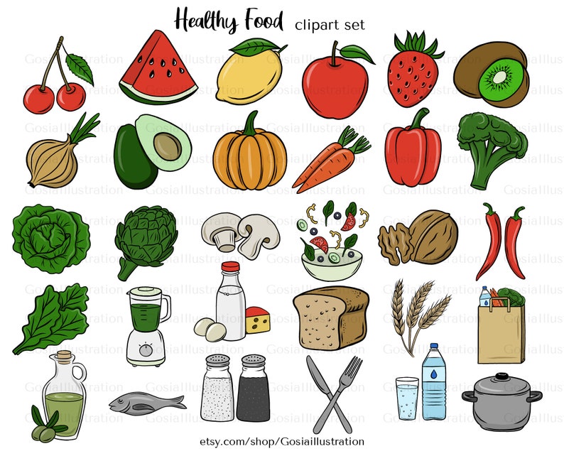 Healthy Food Clipart Set, Hand Drawn Food Clipart, Fruits and ...