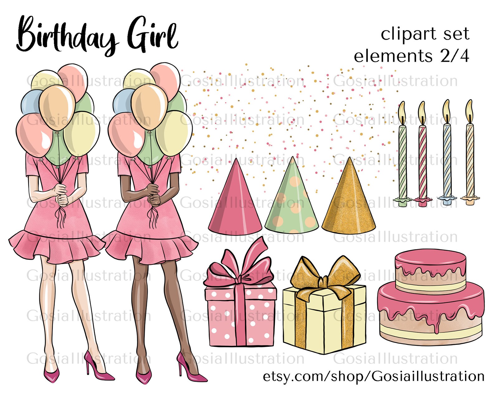 Birthday Girl - Clipart Set, Glam Birthday Party, Pastel, Romantic Girl ...
