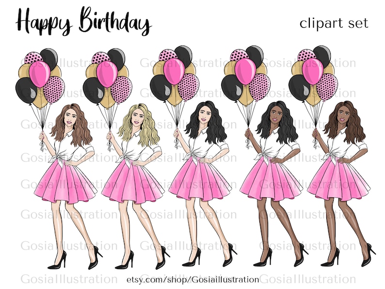 Happy Birthday - Clipart Set, Glam Birthday Party, Pastel, Romantic ...
