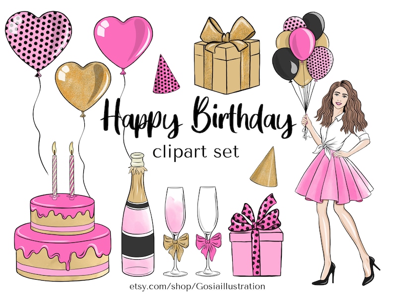 Happy Birthday - Clipart Set, Glam Birthday Party, Pastel, Romantic ...