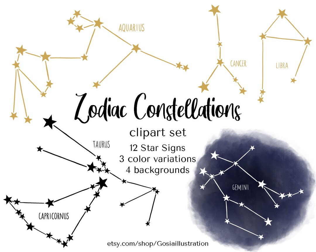 Zodiac Constellations Clipart Set, Star Signs Hand Drawn Cliparts ...