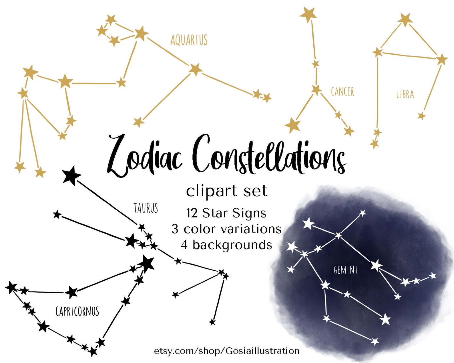 Zodiac Constellations clipart set, Star Signs hand drawn cliparts ...