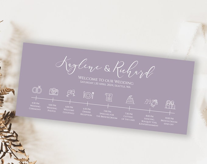 Minimalist Purple Lilac Wedding Timeline Template - Wedding Order of ...
