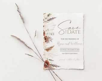 Boho Pampas Save the Date Template, White and Brown Bohemian Save the ...