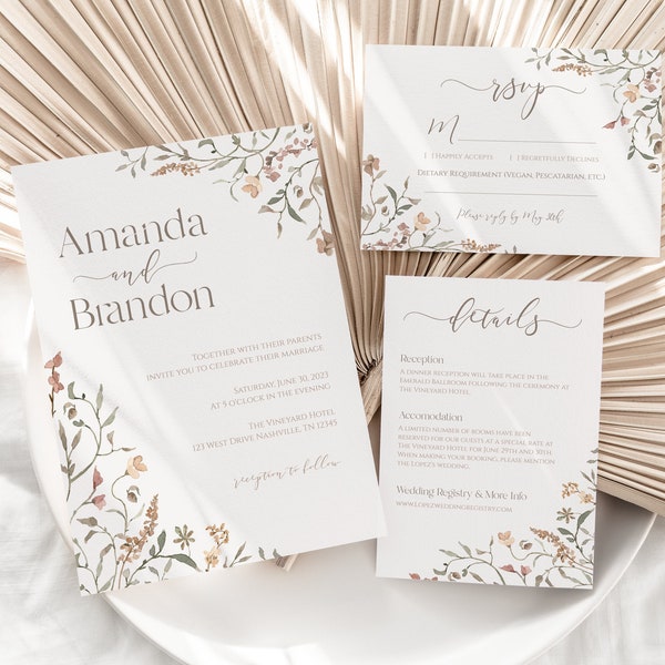 Rustic Wildflower Wedding Invitation Set Printable Downloadable ...