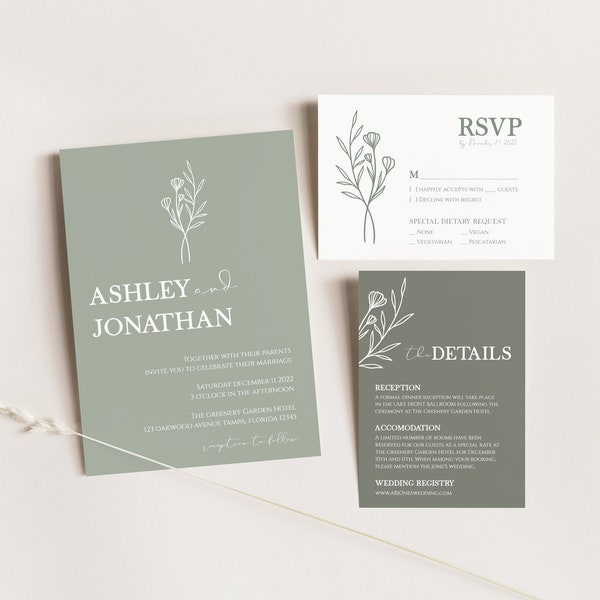 Sage Green Wedding Invitations Template - Etsy