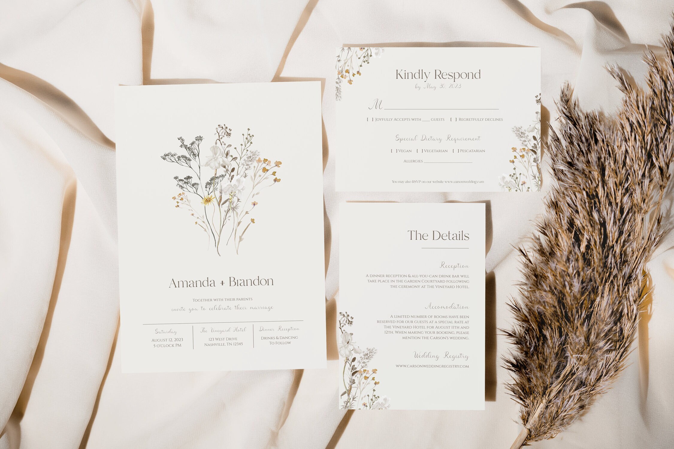 Simple Wildflower Wedding Invitation Set Printable - Etsy