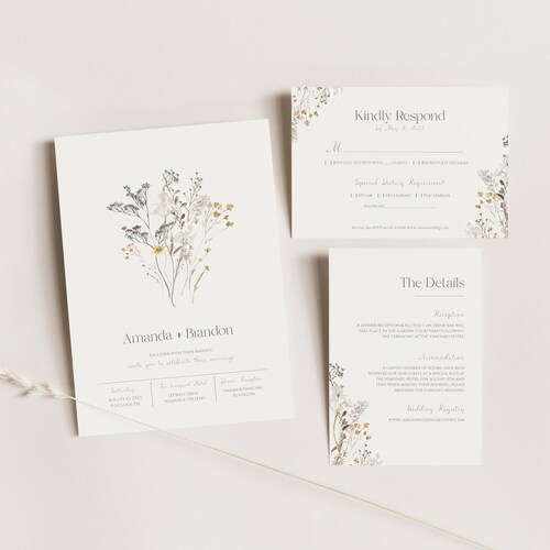 Simple Wildflower Wedding Invitation Set Printable - Etsy