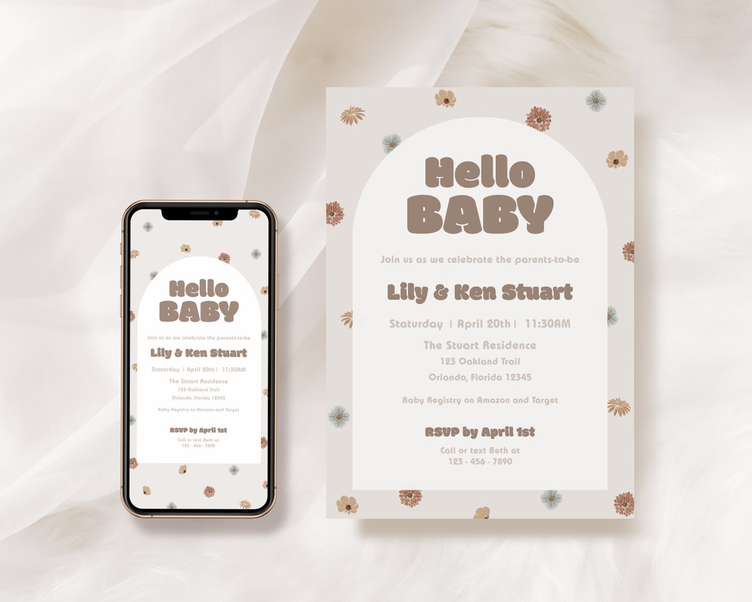 Retro Floral Baby Shower Invitation | Digital Invitation | Phone ...