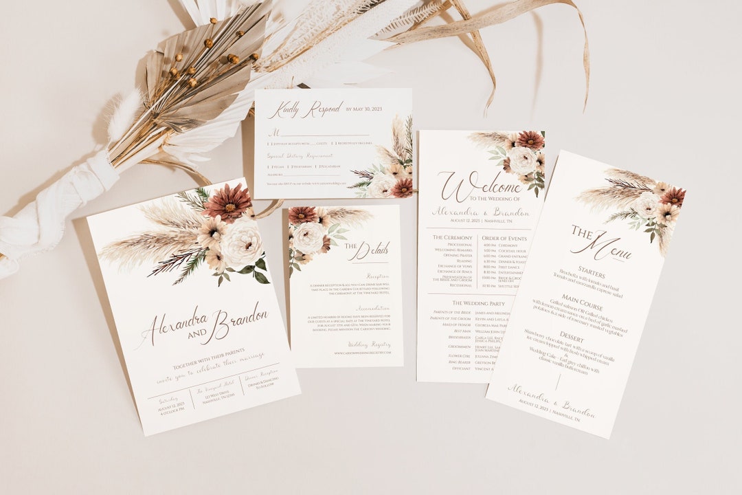 Boho Wedding Invitation Template Set - Program - Menu | Terracotta ...