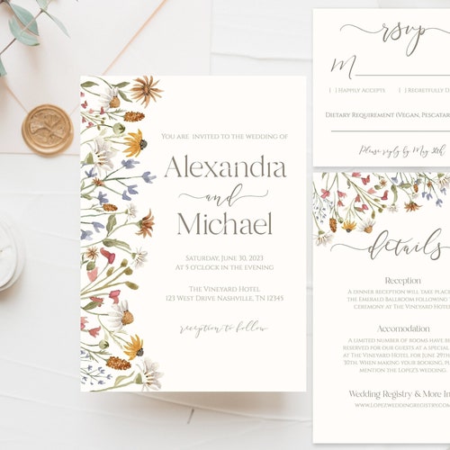 Wildflower Summer Wedding Invitation Set Printable - Etsy