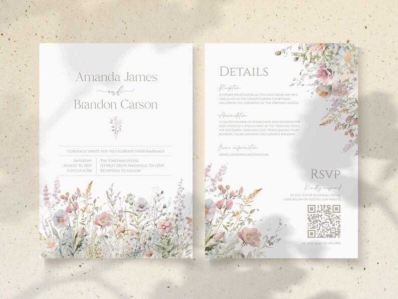 Blooming Wildflower Wedding Invitation Double Sided Spring - Etsy