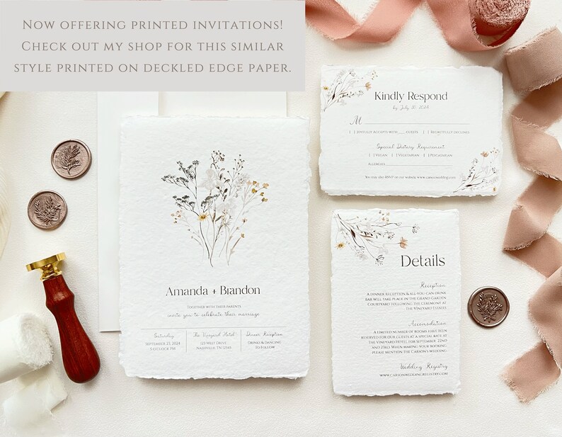 Simple Wildflower Wedding Invitation Set Printable - Etsy