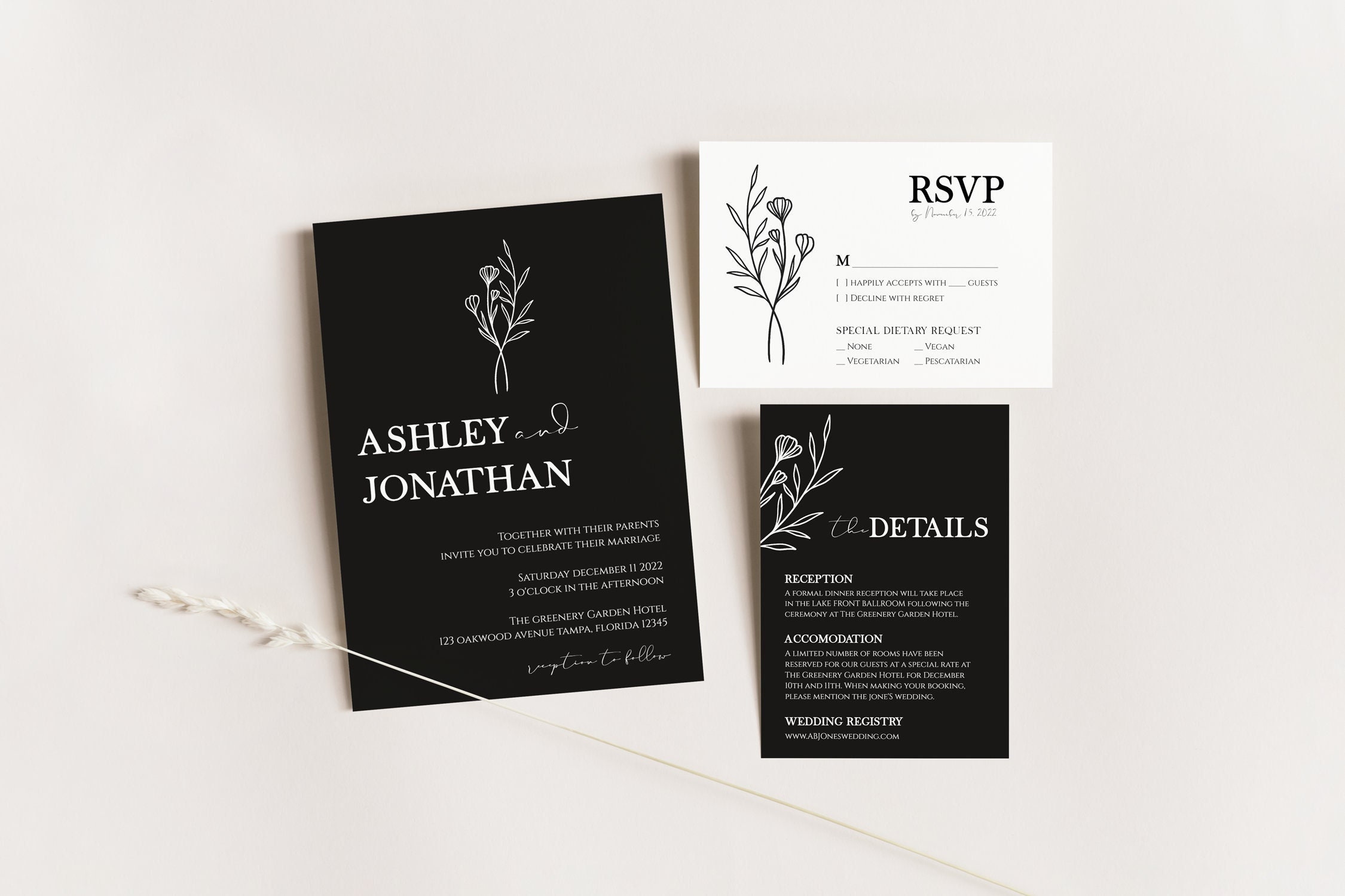 Simple Modern Black Wedding Invitation Set Botanical Minimalist ...