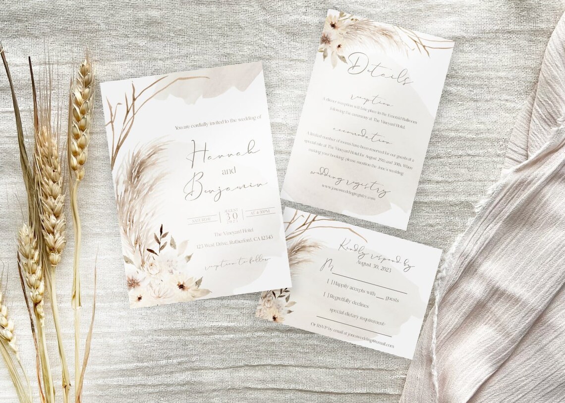 Floral Boho Wedding Invitation Set Design 2 Downloadable - Etsy