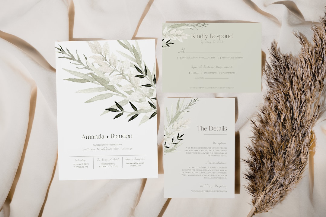 Simple Greenery Wedding Invitation Set Sage Green Wedding Downloadable Printable Editable ...