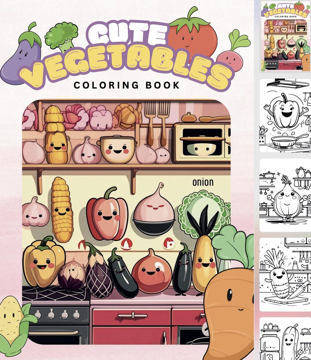 7 Cute Vegetable Coloring Pages | Kawaii Veggies | Carrot, Bell Pepper ...