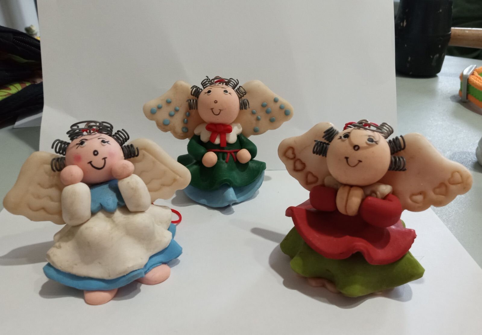 Set of 3 Polymer Clay Art Angels 1990's With Wire Halo Hair Transfar ...