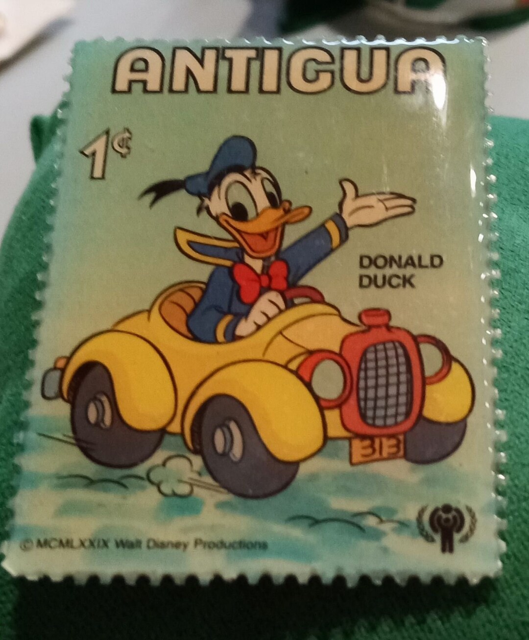 Vintage 1980 Disney Stamp Donald Duck Driving Car Antigua 1 Cent Stamp ...