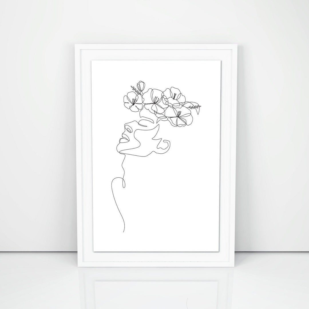 Man With Flowers Art Print, Male Face Print, Face Line Art Print, Head ...