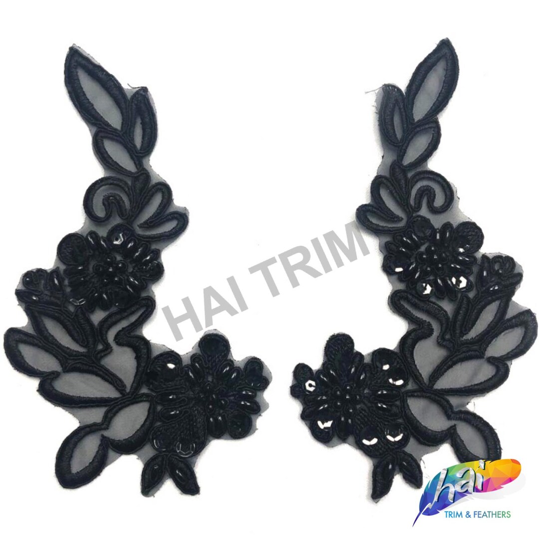 Black Beaded Lace Applique, Embroidered Flower Lace Patch for Wedding ...