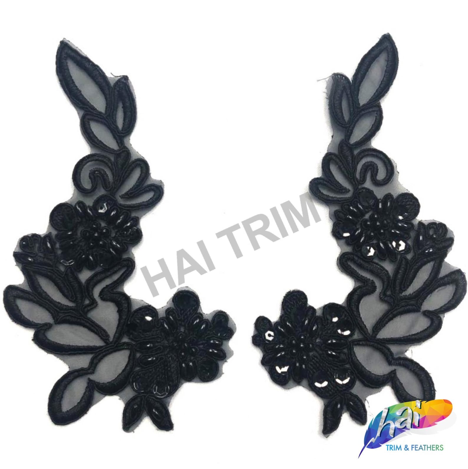 Black Beaded Lace Applique, Embroidered Flower Lace Patch for Wedding ...