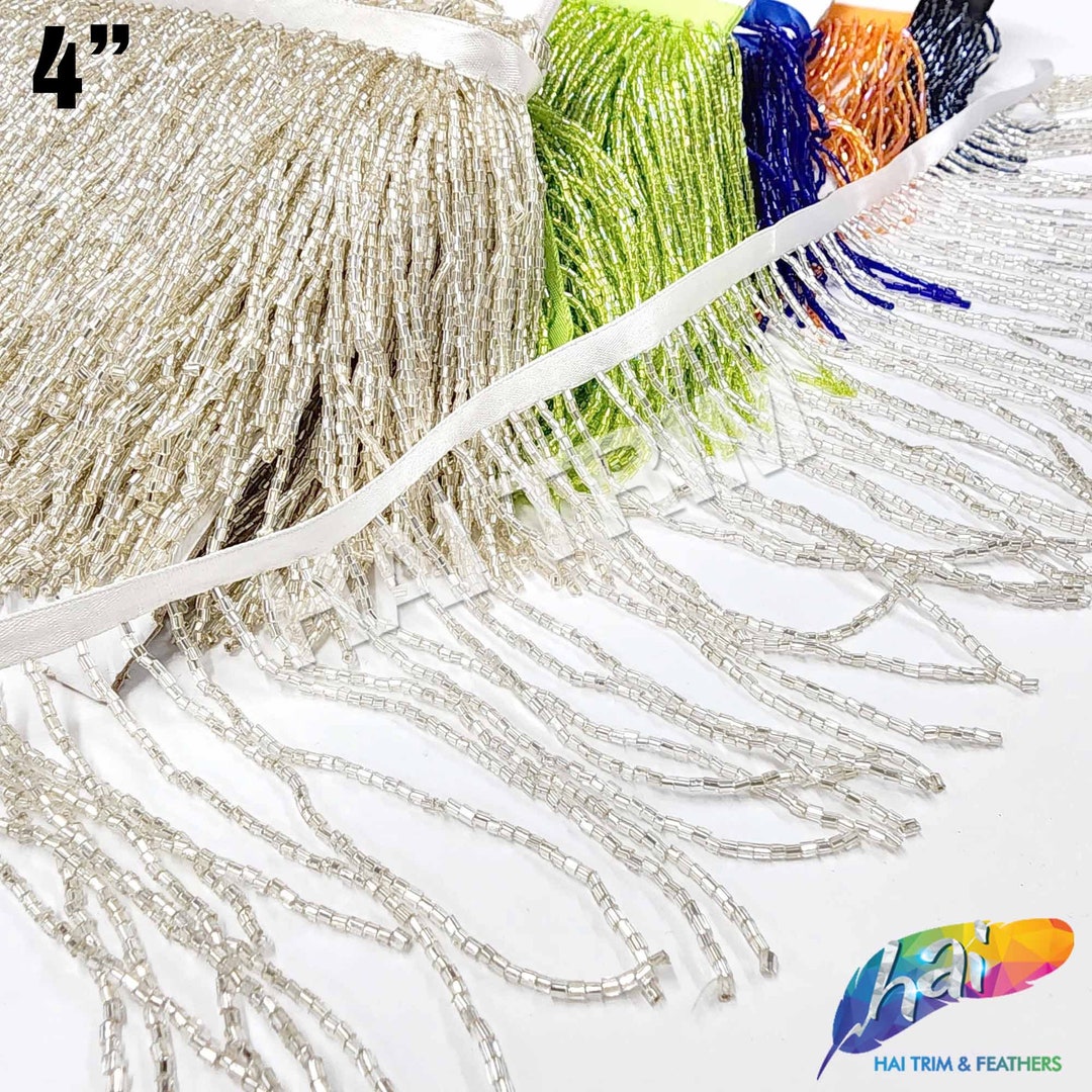 4" Beaded Fringe by the Yard, Colored Bugle Beaded Fringe W/ Ribbon ...