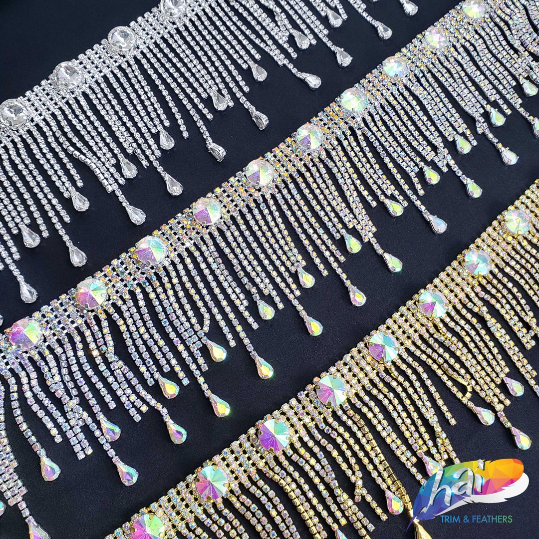 Silver Crystal Rhinestone Fringe, Gold Iridescent Rhinestone Dangling ...