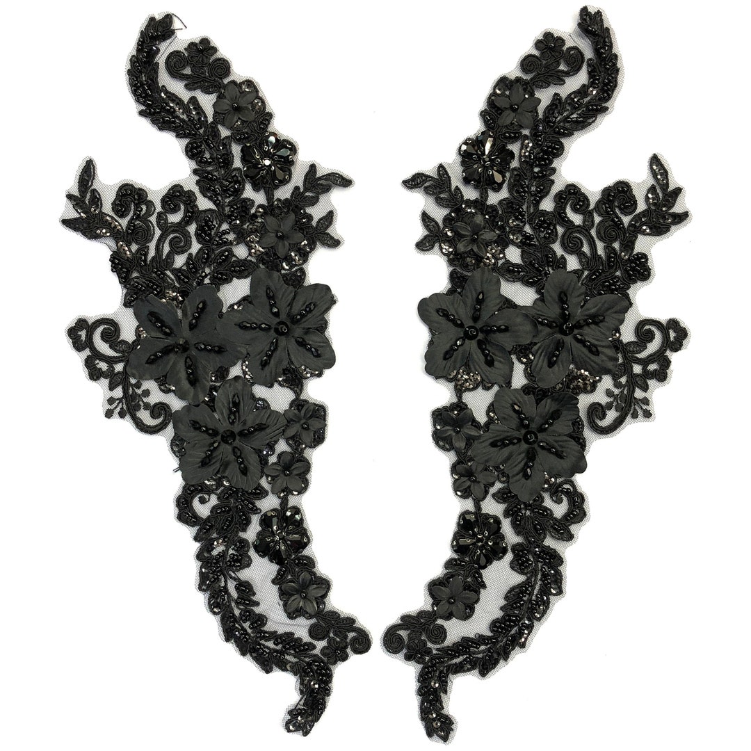 Black Beaded Lace Applique, Embroidered Flower Lace Patch for Wedding ...