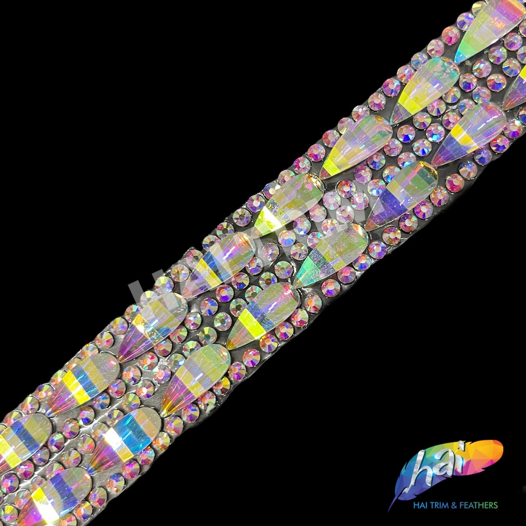 2 Row Crystal AB Stone Iron on Trim by the Yard, Clear Iridescent Gel ...
