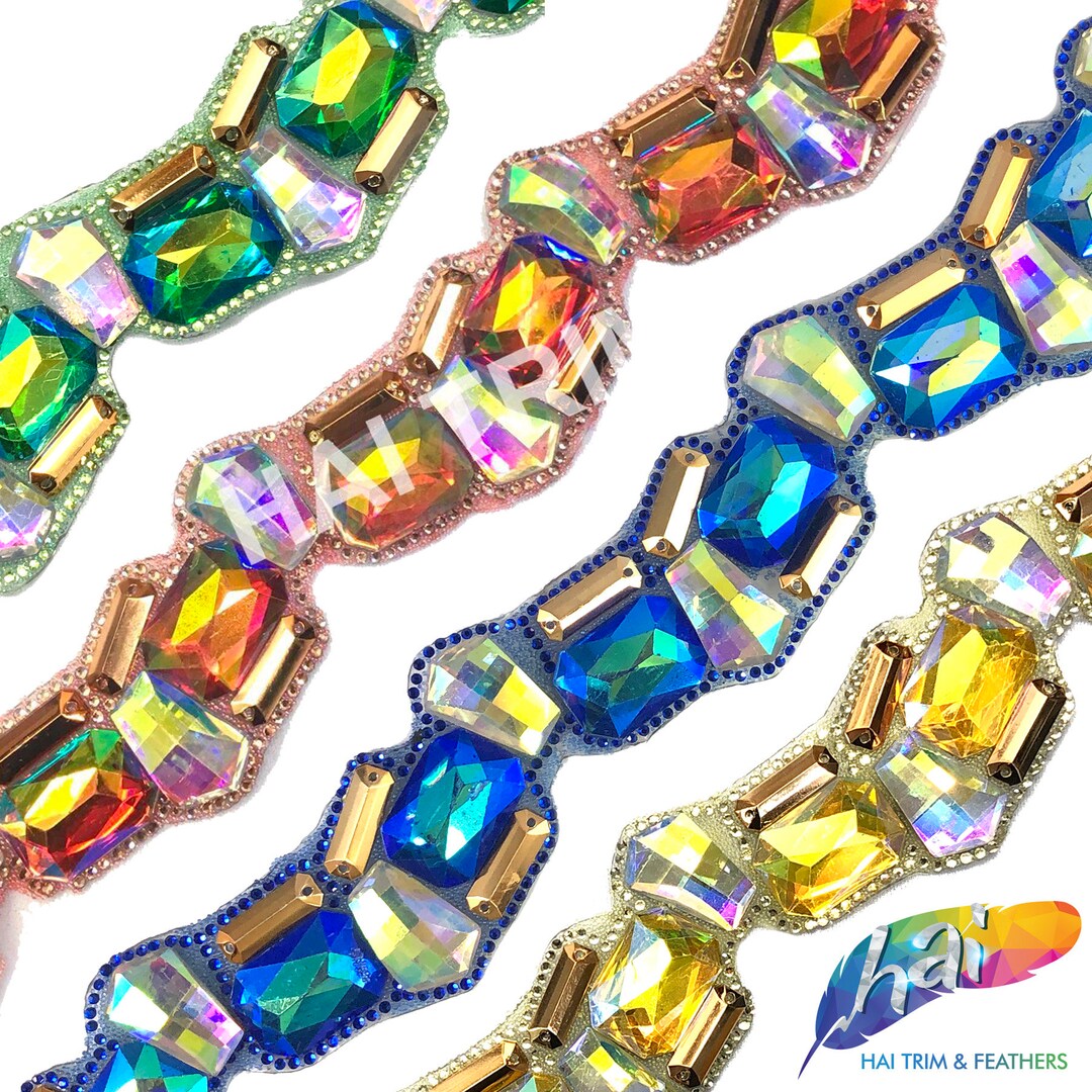 1 7/8" Multicolored Wavy Resin AB Stone Iron on Trim by the Yard, Green ...
