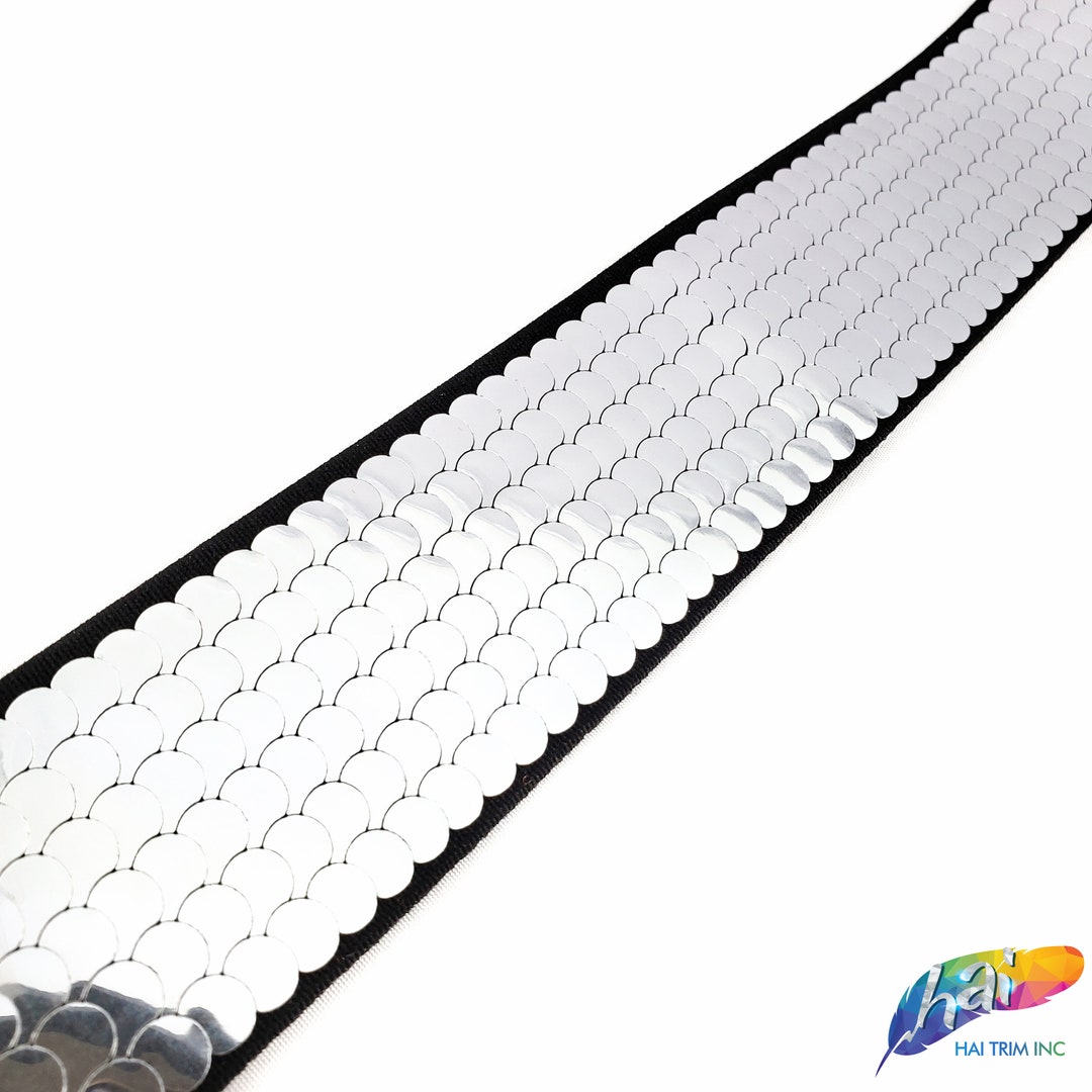 1 1/2" Silver Sequin Metallic Elastic, Stretch Elastic Trim, Decorative ...