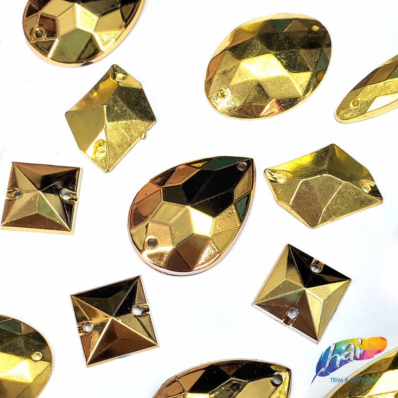 Metallic Gold Resin Rhinestones Sew on Stones Different Shapes Metal ...