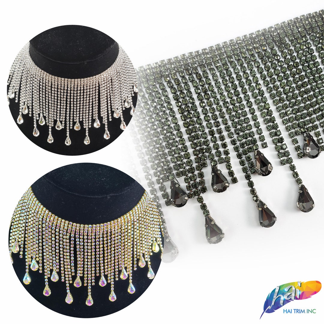 Black Diamond Rhinestone Fringe, Silver Crystal Rhinestone Dangling ...