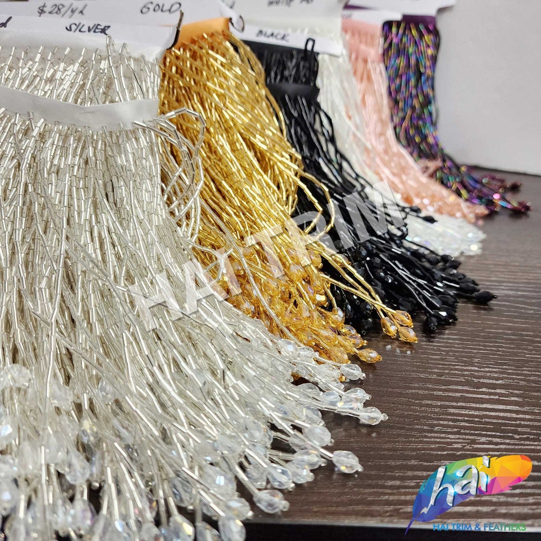 6" Bugle Beaded Fringe With Teardrop, Colored Glass Beaded Fringe ...