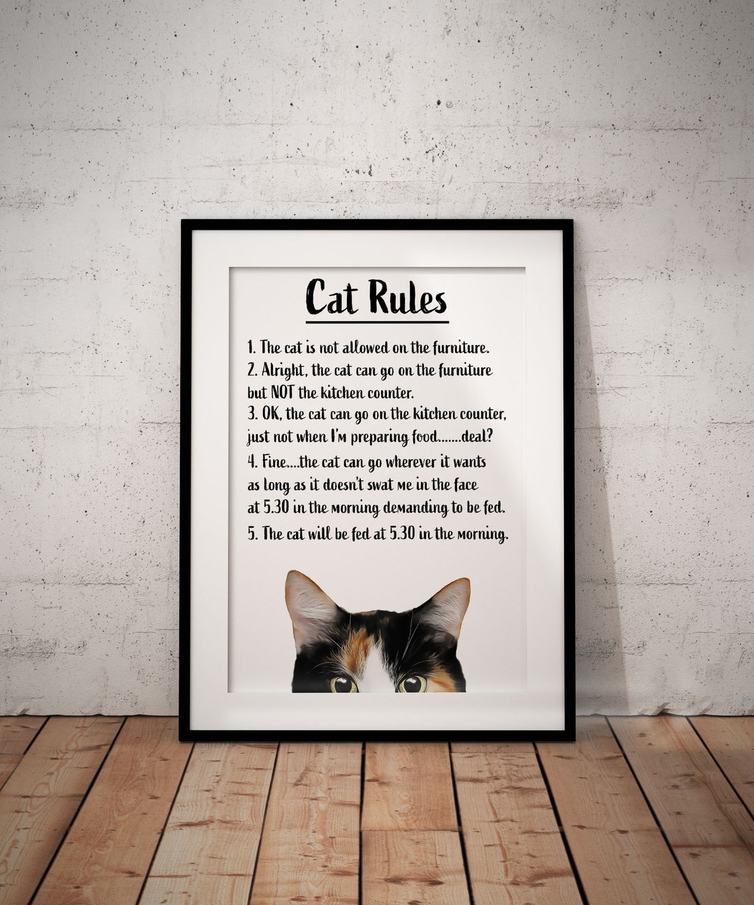 House Rules Fun Calico Cat With White Background Giclée Art Print ...