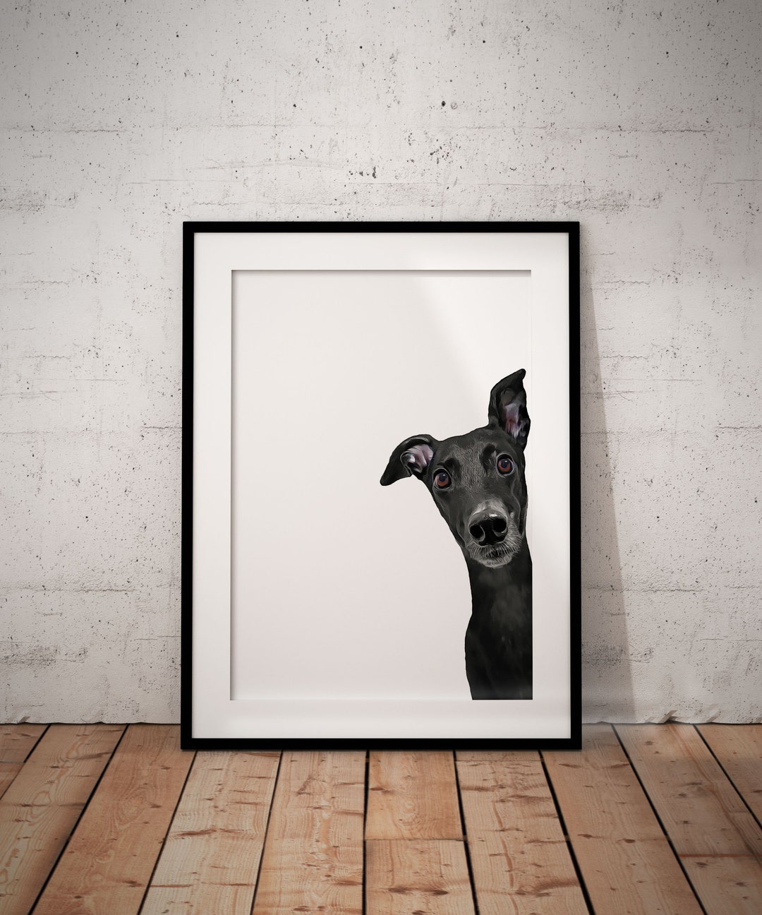 Cute, Peeking Black Greyhound, Whippet Giclée Art Print With White ...