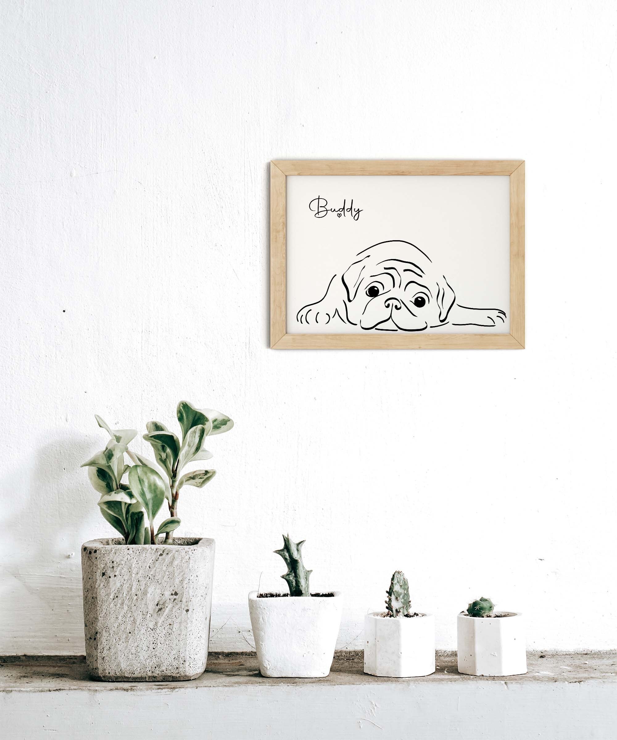 Cute, Simple Pug Line Art Print on A White Background, Personalised Pet ...