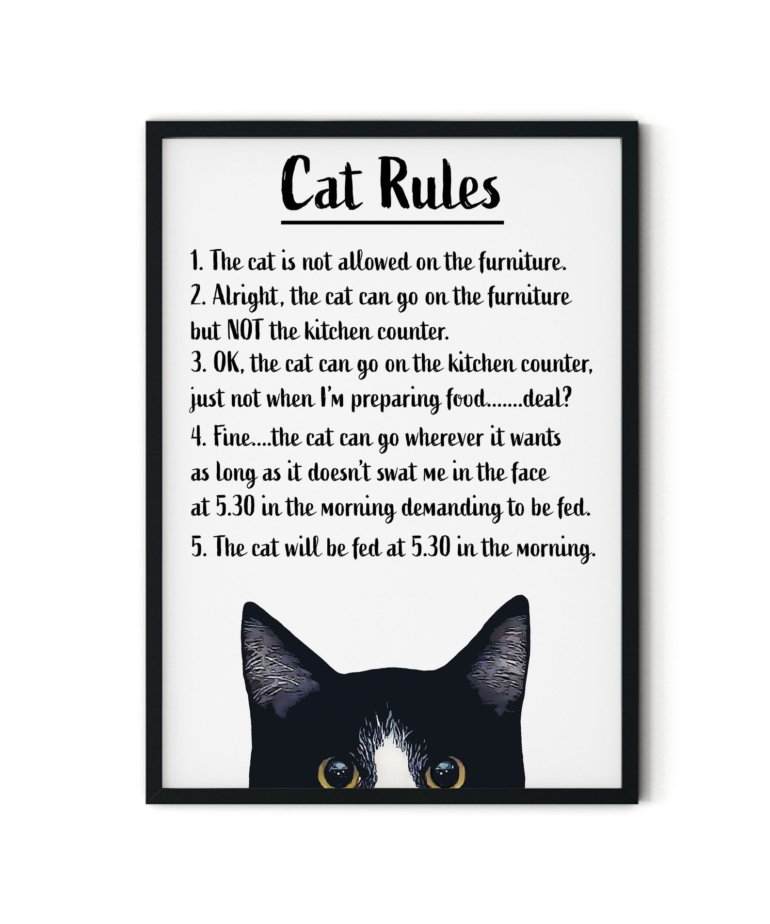 House Rules Fun Black and White Cat With White Background Giclée Art ...