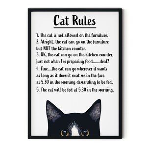 House Rules Fun Black and White Cat With White Background Giclée Art ...